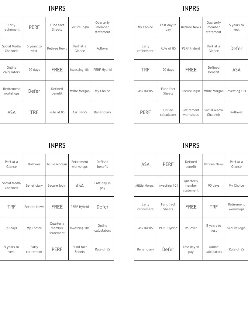 INPRS Bingo Cards - WordMint