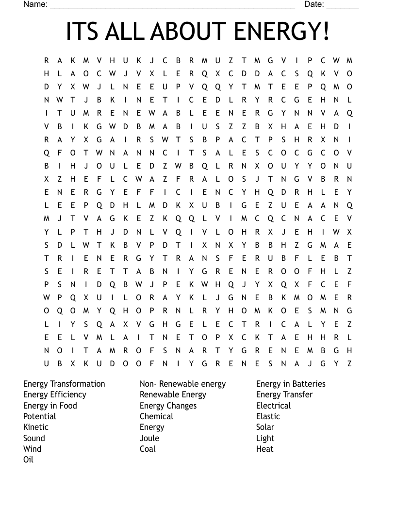 ITS ALL ABOUT ENERGY! Word Search - WordMint