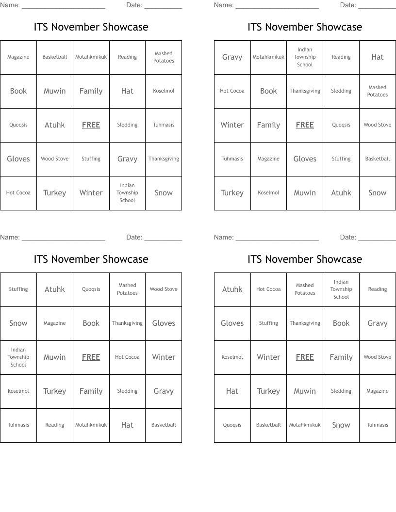ITS November Showcase Bingo Cards - WordMint