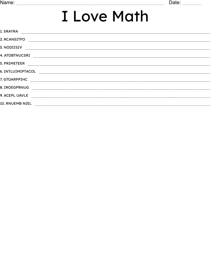 I Love Math Word Scramble - WordMint