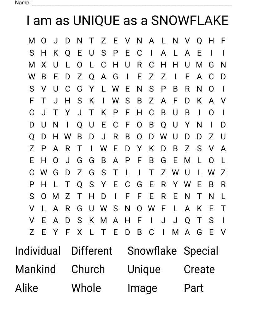 I am as UNIQUE as a SNOWFLAKE Word Search - WordMint