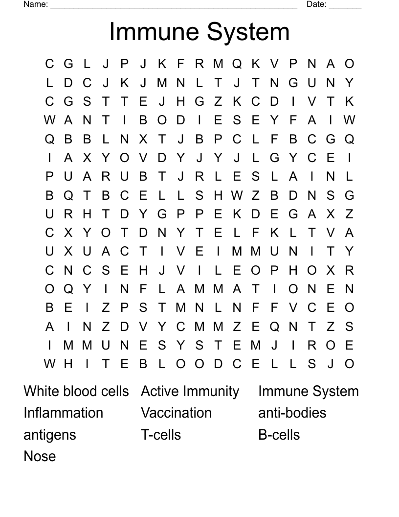 Immune System Word Search - WordMint