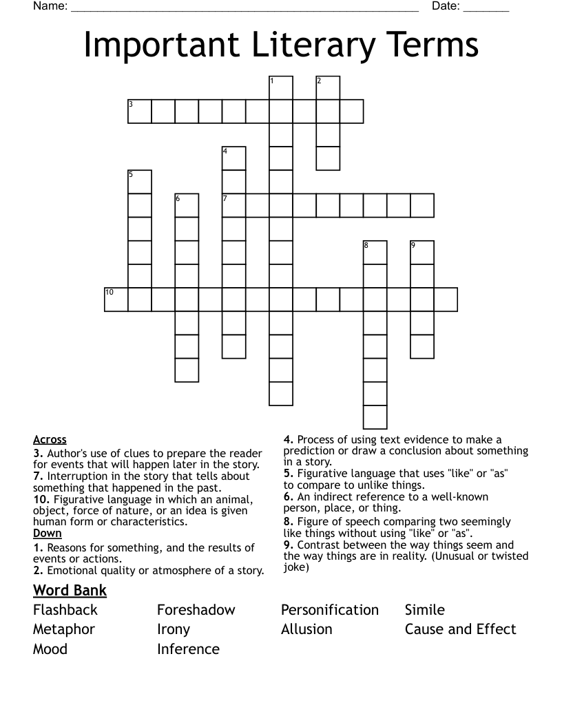 Important Literary Terms Crossword - WordMint