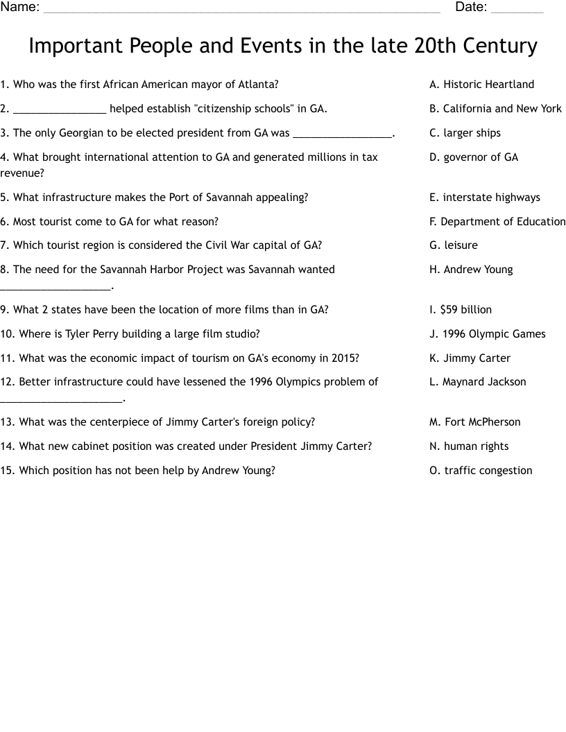 Important People and Events in the late 20th Century Worksheet - WordMint