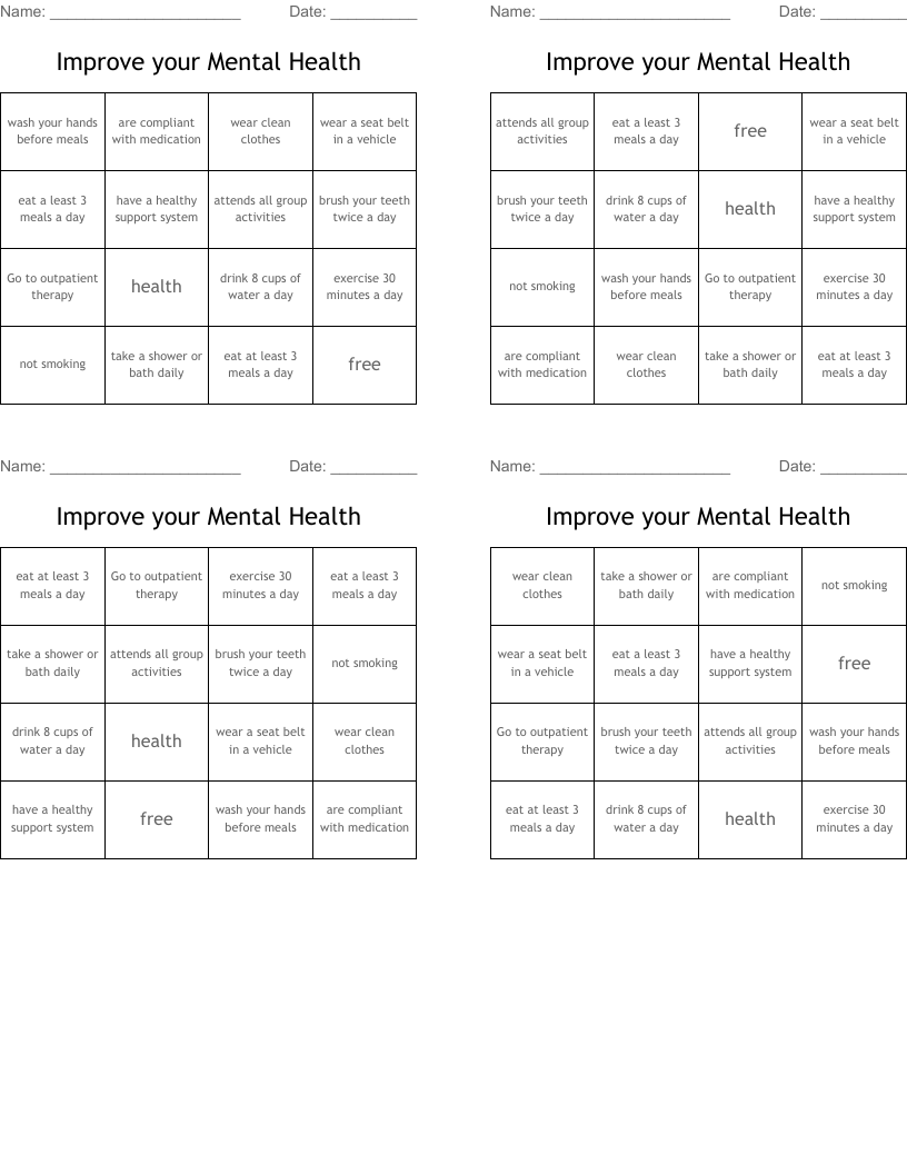 Improve your Mental Health Bingo Cards - WordMint
