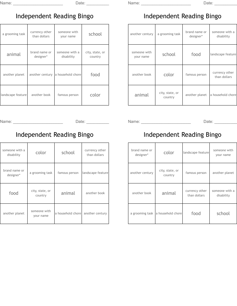 Independent Reading Bingo - WordMint