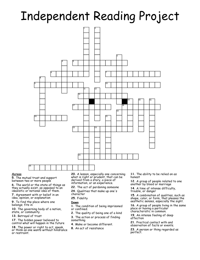 Independent Reading Project Crossword - WordMint