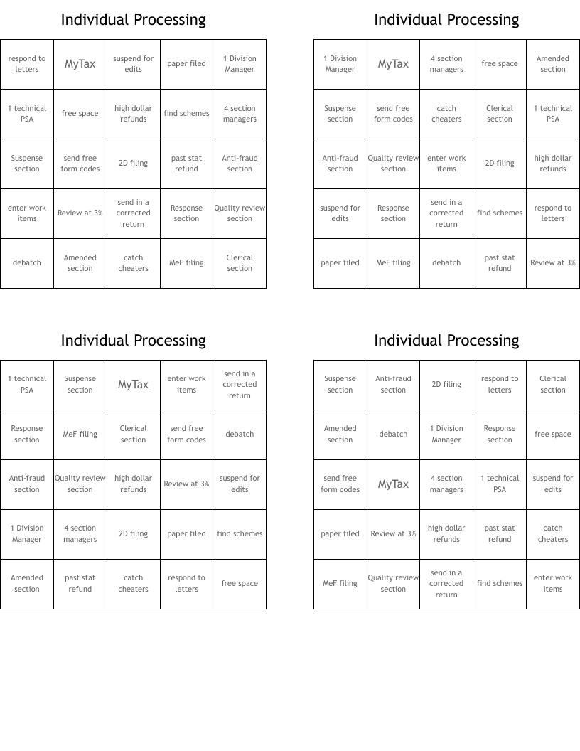 Individual Processing Bingo Cards - WordMint