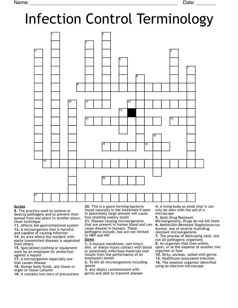 Infection Control Terminology Crossword - WordMint