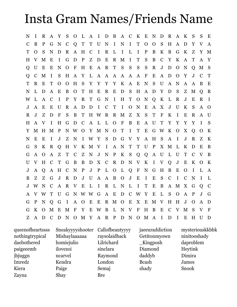 Insta Gram Names/Friends Name Word Search - WordMint
