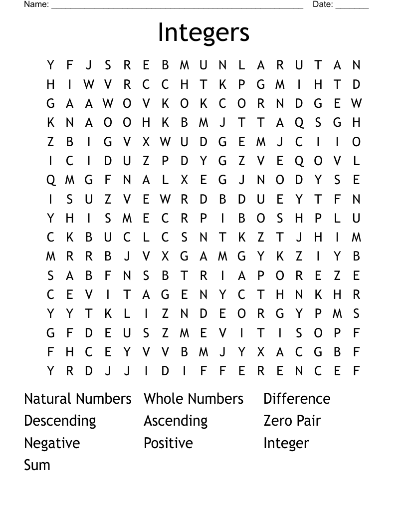 Integers Word Search WordMint