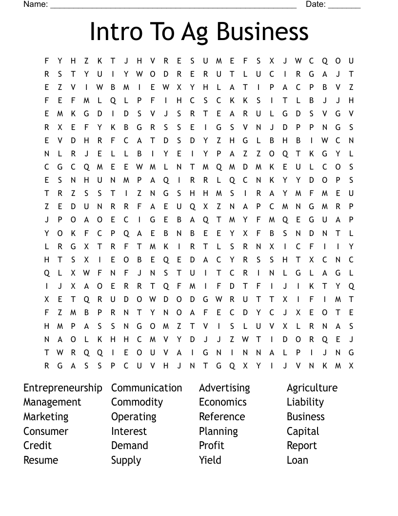 Intro To Ag Business Word Search - WordMint