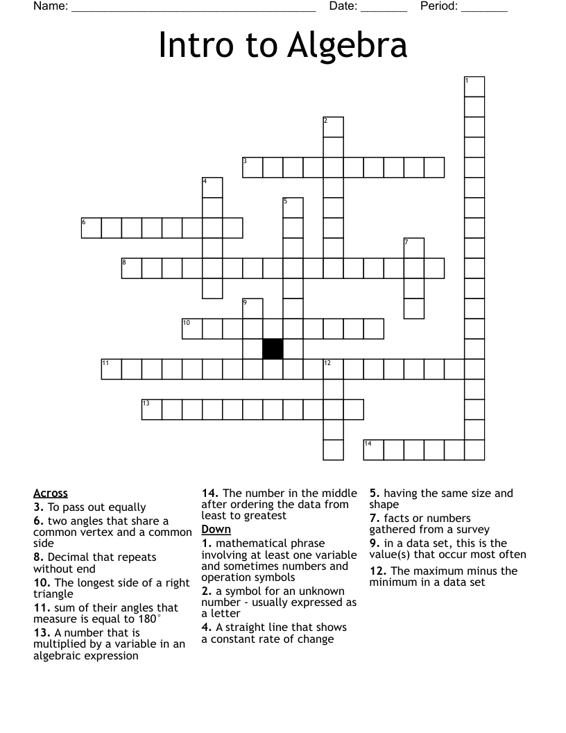Intro to Algebra Crossword - WordMint