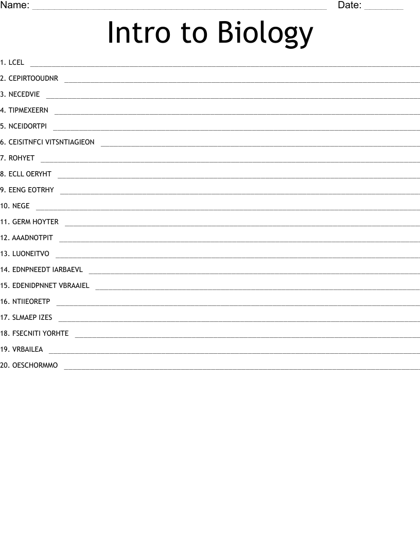 Intro to Biology Word Scramble - WordMint