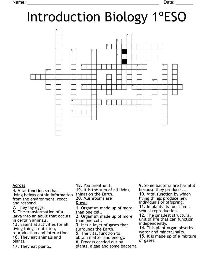 Introduction Biology 1ºESO Crossword - WordMint