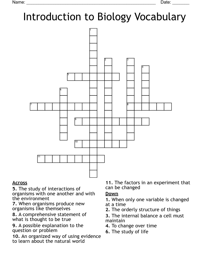 Introduction to Biology Vocabulary Crossword - WordMint