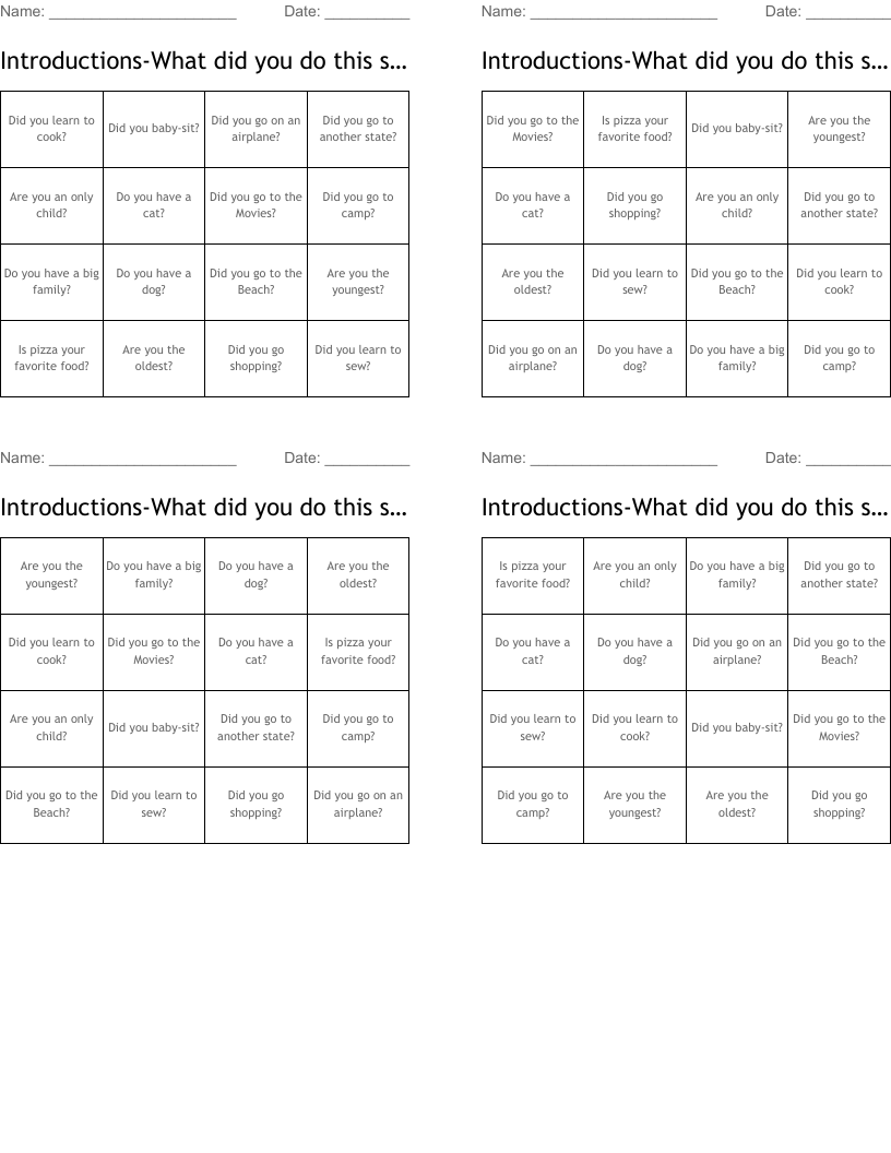 Introductions-What did you do this summer? Bingo Cards - WordMint