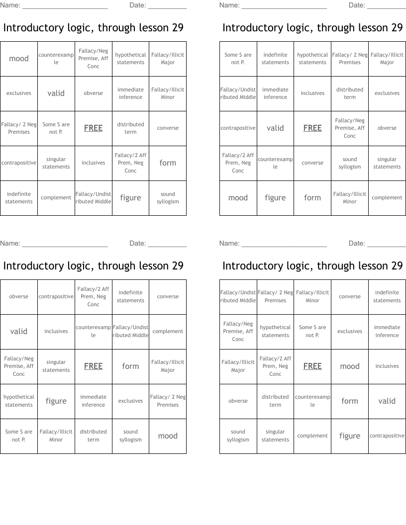 Introductory Logic Through Lesson 29 Bingo Cards WordMint