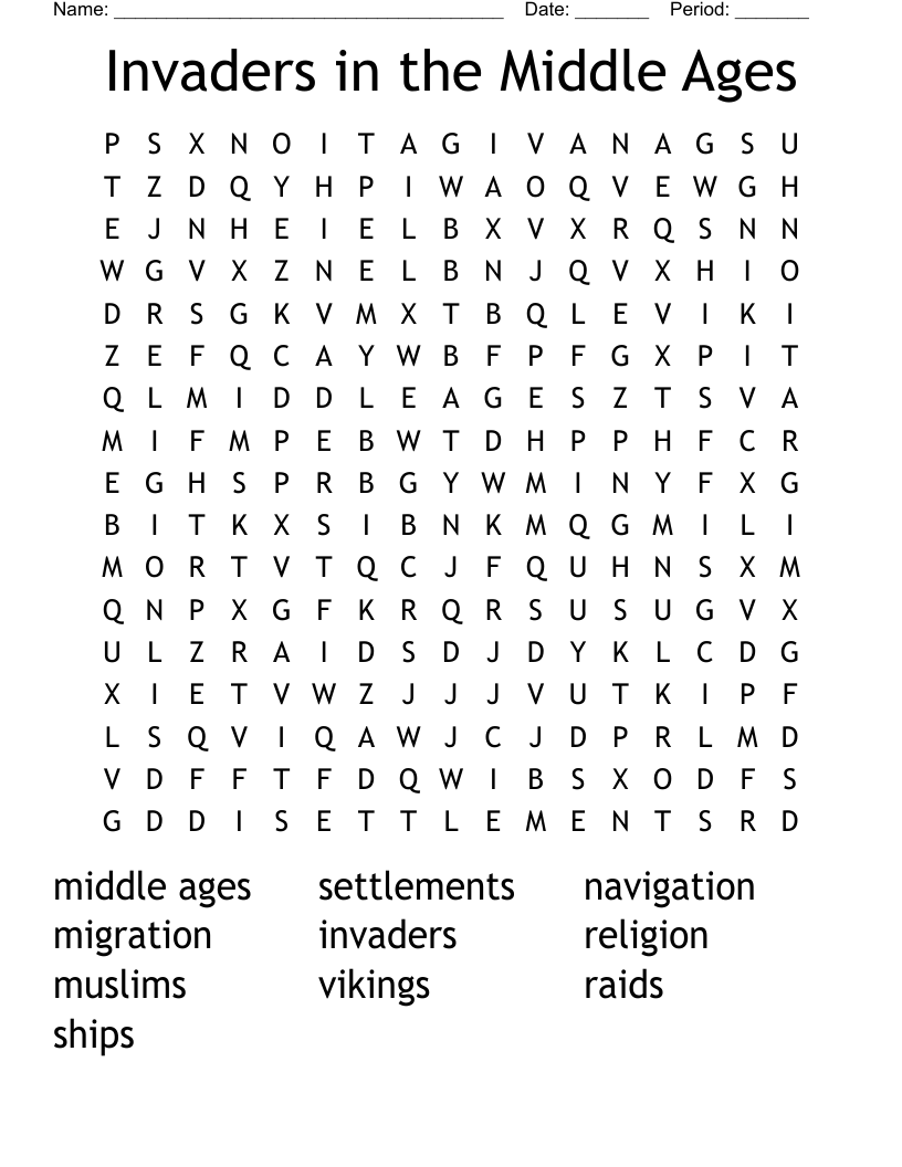 Invaders in the Middle Ages Word Search - WordMint