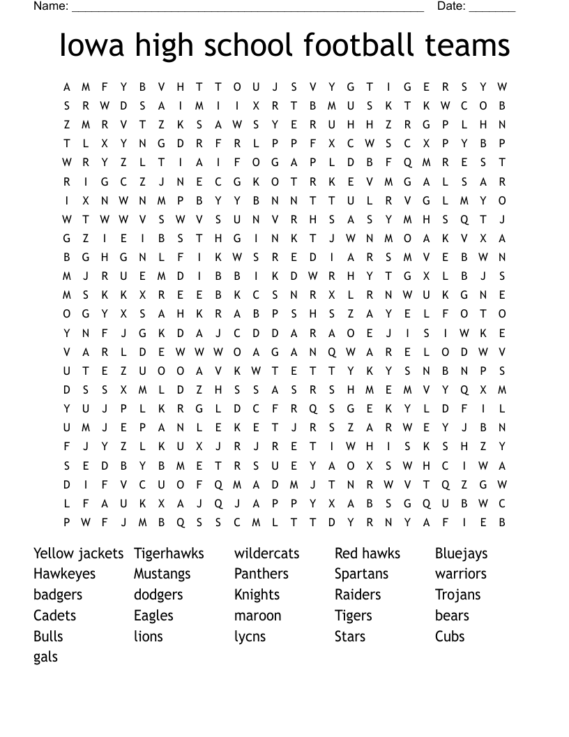 Iowa high school football teams Word Search - WordMint