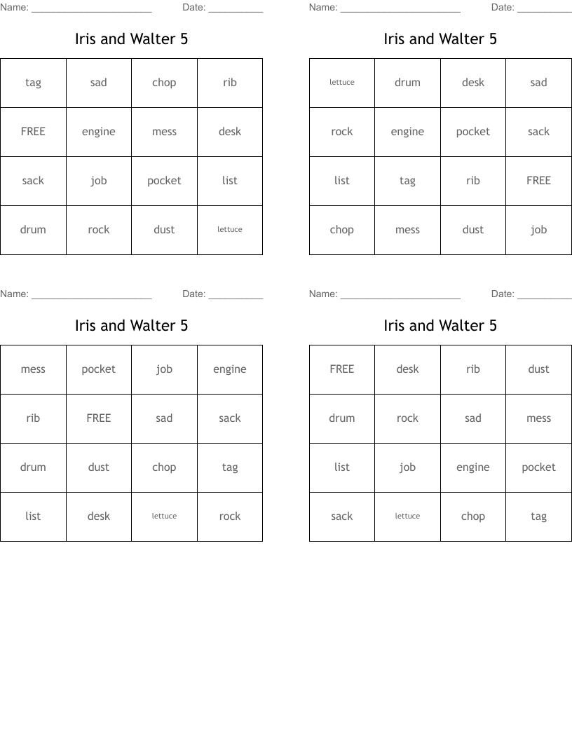 Iris and Walter 5 Bingo Cards - WordMint