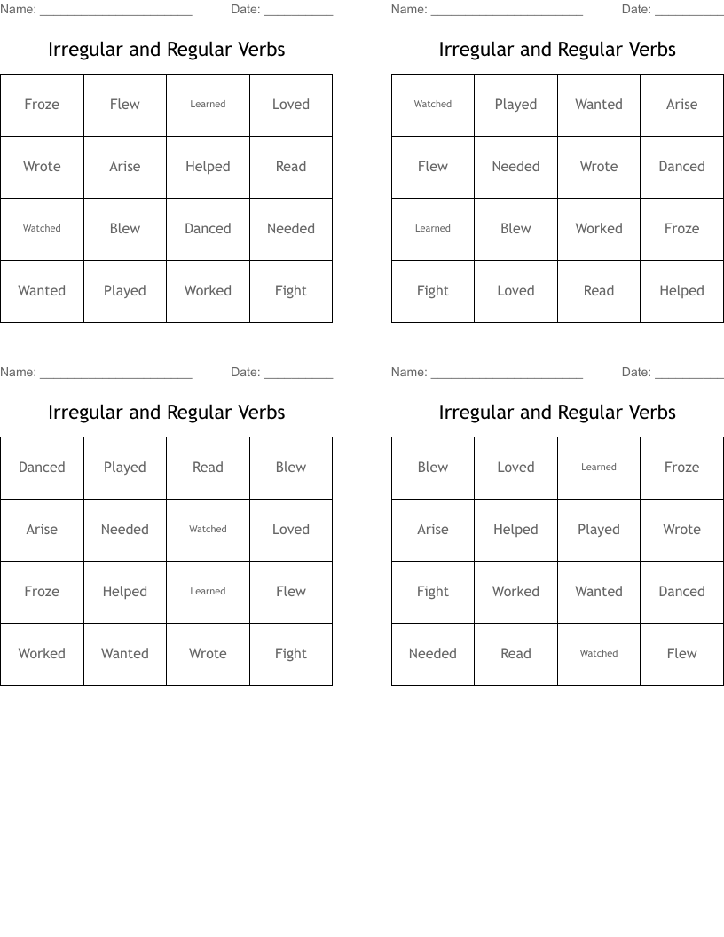 Irregular and Regular Verbs Bingo Cards - WordMint