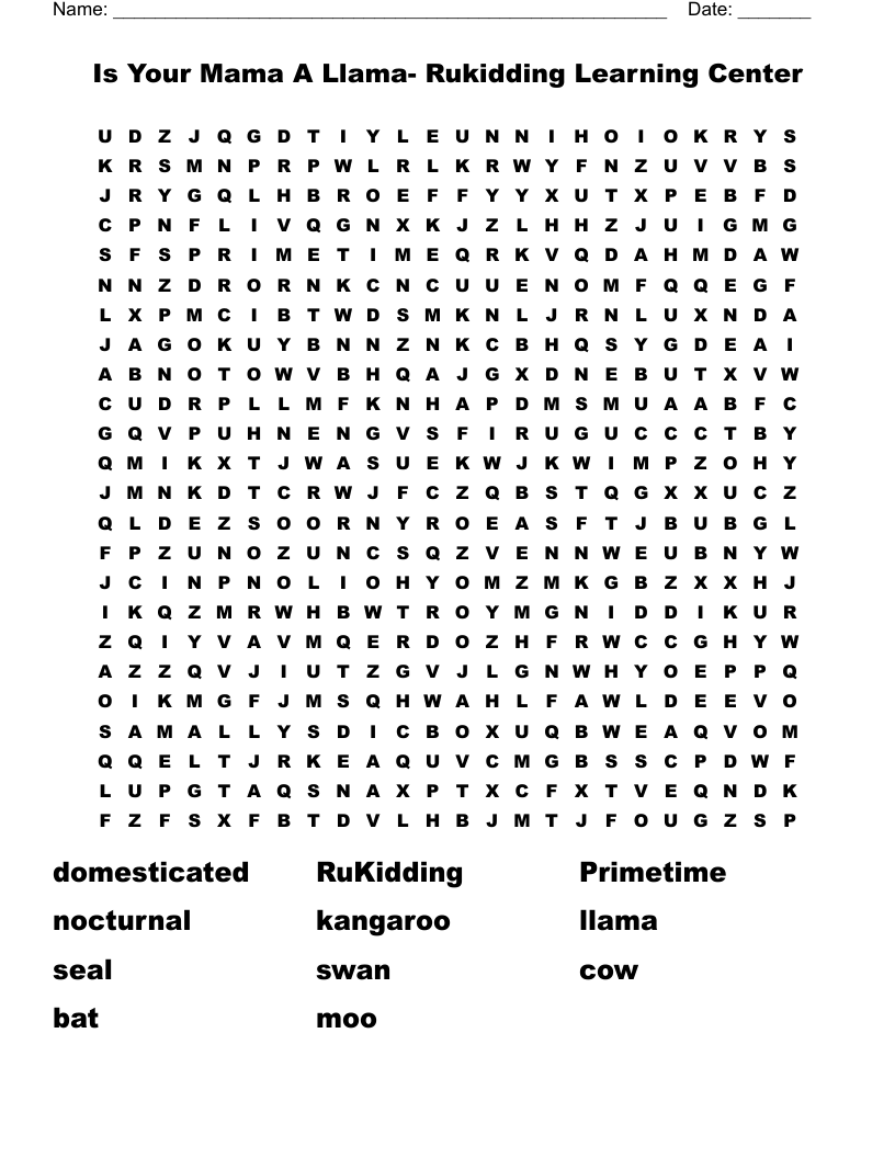 Is Your Mama A Llama- Rukidding Learning Center Word Search - WordMint