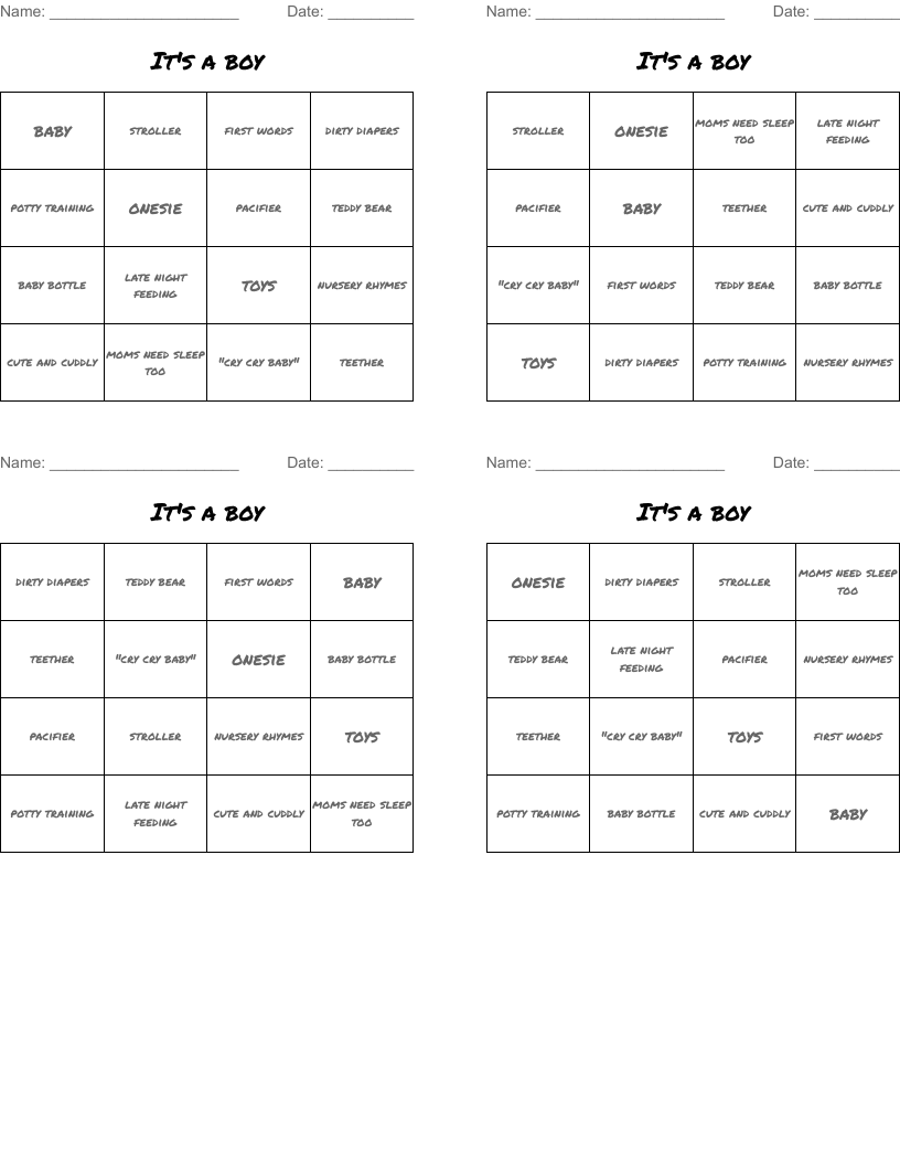 It's a boy Bingo Cards - WordMint