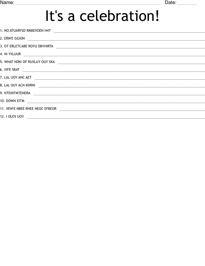 It's a celebration! Word Scramble - WordMint
