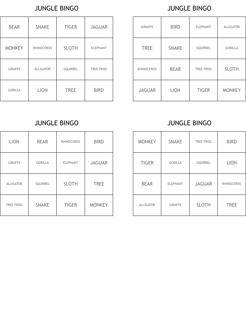 JUNGLE BINGO - WordMint