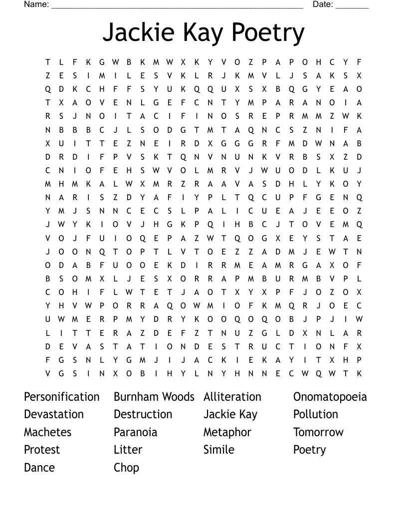 Jackie Kay Poetry Word Search - WordMint