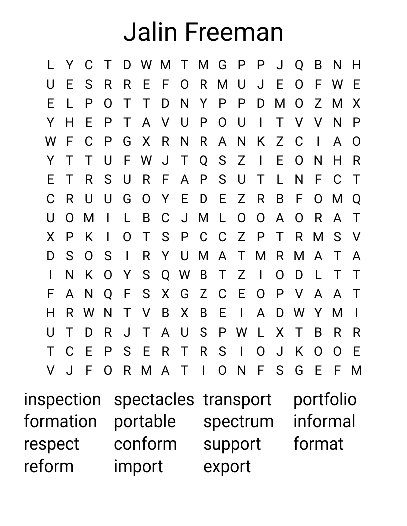 Jalin Freeman Word Search - WordMint