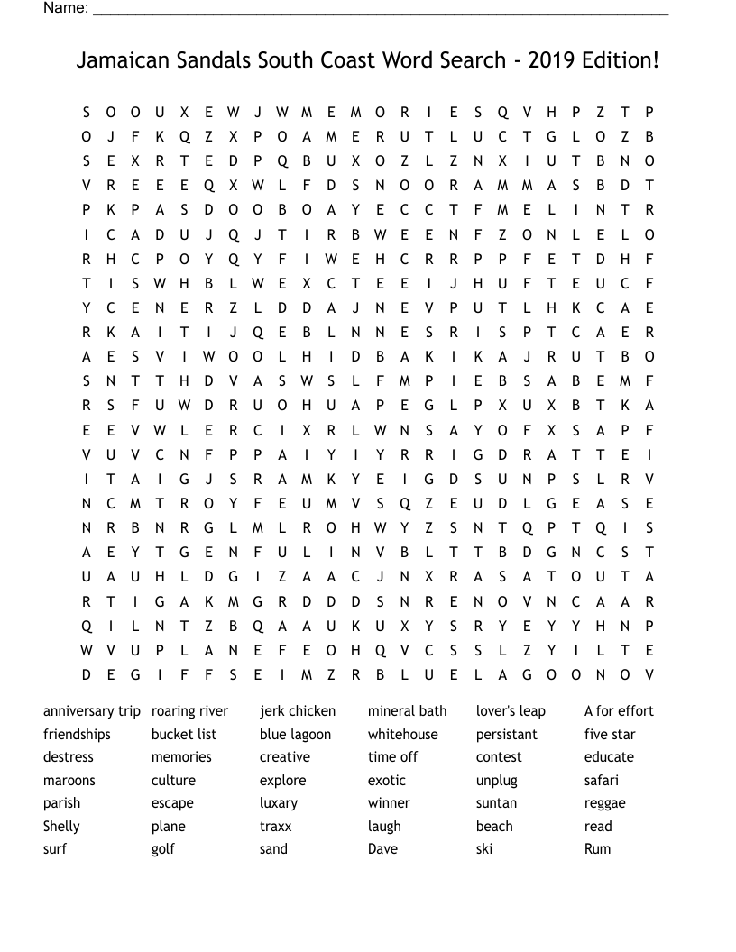 Jamaican Sandals South Coast Word Search - 2019 Edition! - WordMint