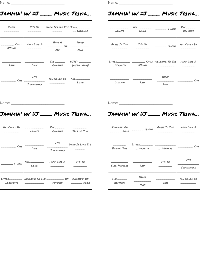 Jammin' w/ DJ ___ Music Trivia Bingo - WordMint