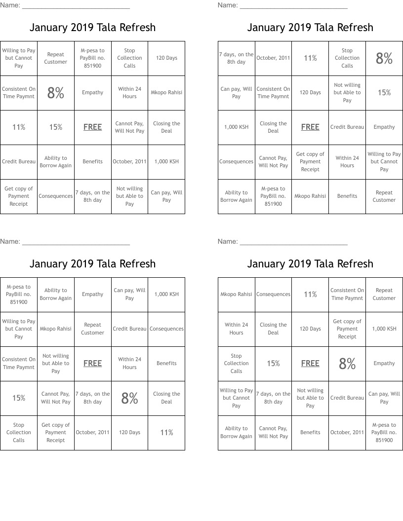 January 2019 Tala Refresh Bingo Cards - WordMint