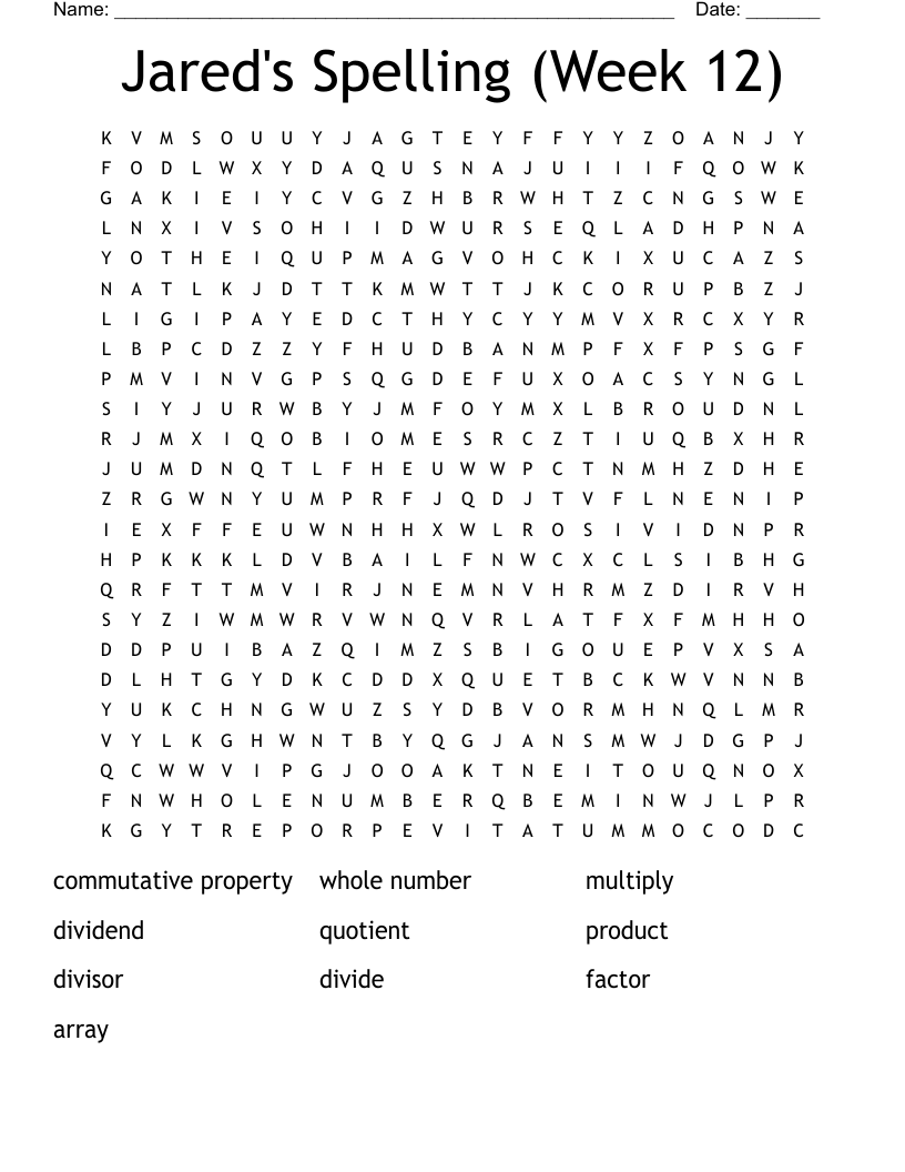 Jared's Spelling (Week 12) Word Search - WordMint