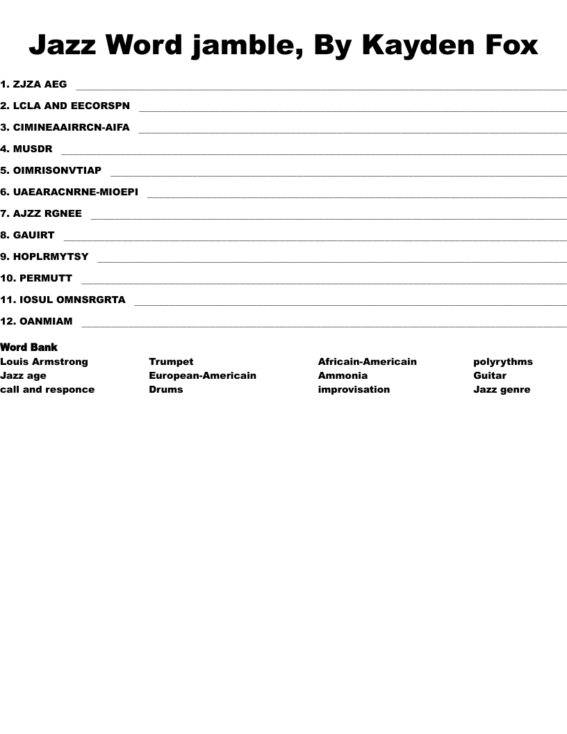 Jazz Word jamble, By Kayden Fox Word Scramble - WordMint