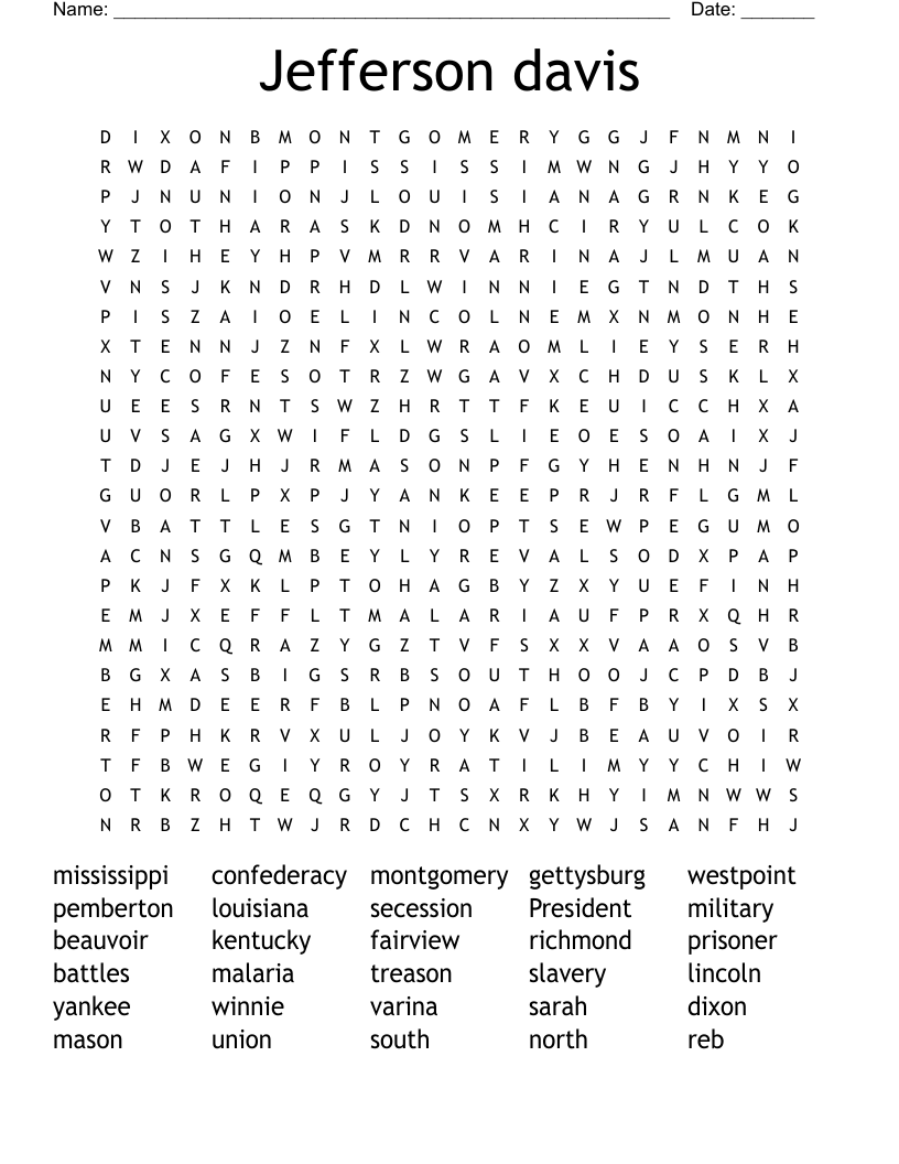 Jefferson davis Word Search - WordMint