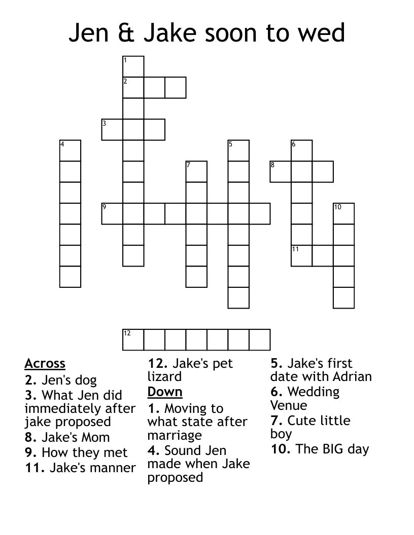 Jen & Jake soon to wed Crossword - WordMint