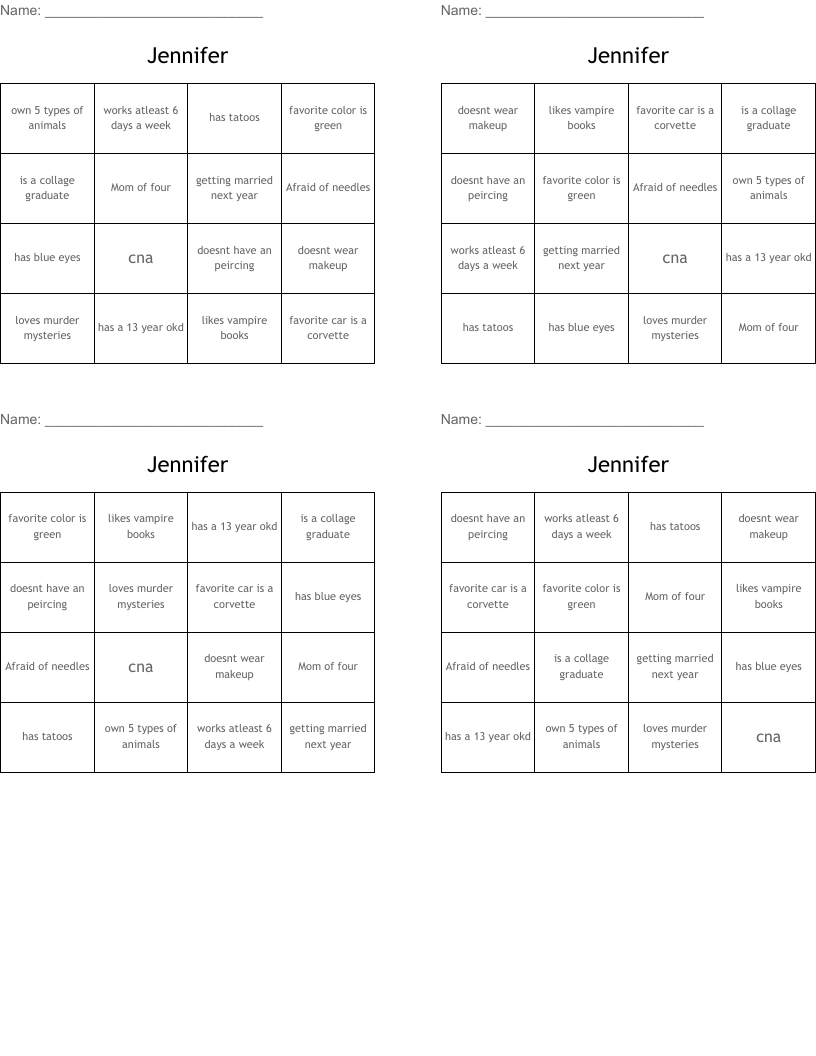 Jennifer Bingo Cards - WordMint