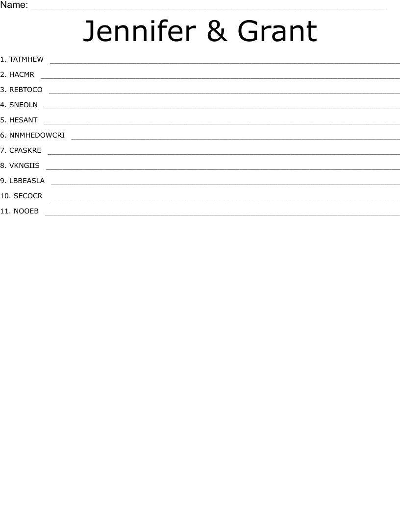 Jennifer & Grant Word Scramble - WordMint