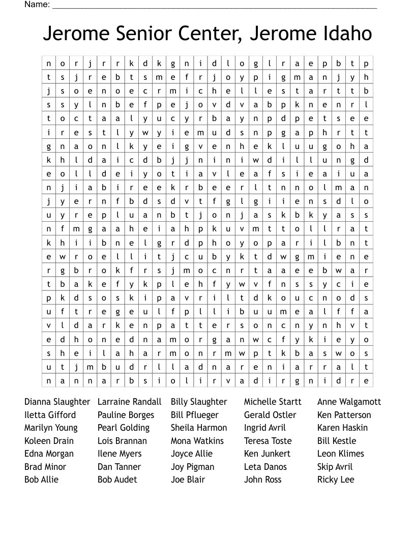 Jerome Senior Center, Jerome Idaho Word Search - WordMint