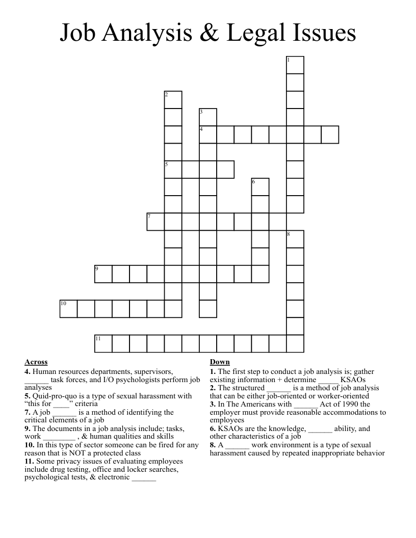 Job Analysis & Legal Issues Crossword - WordMint