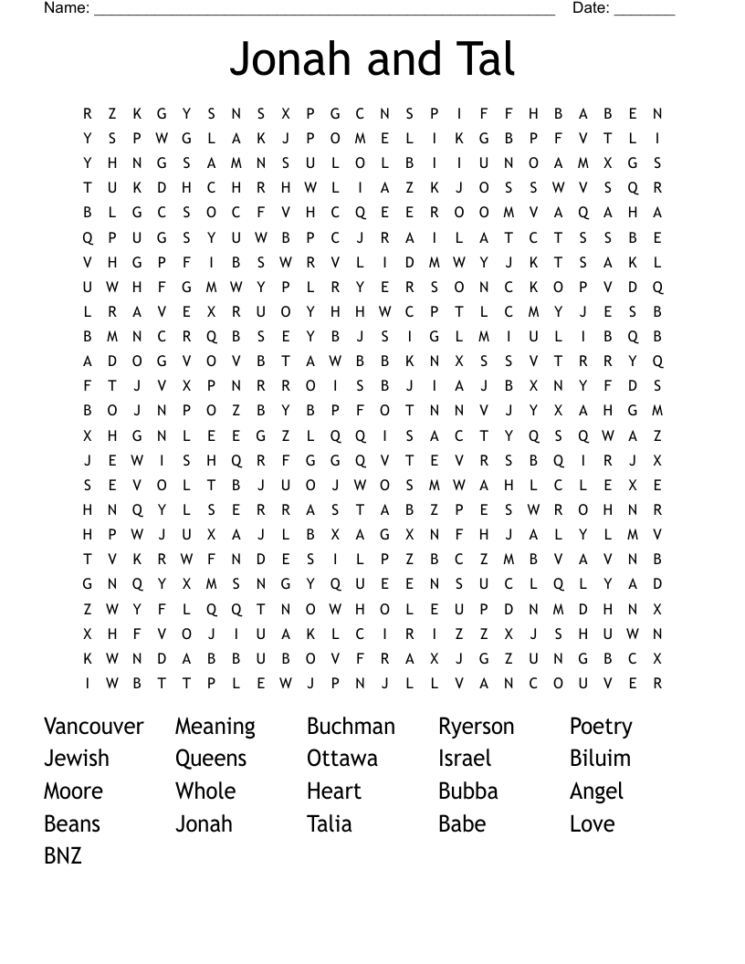 Jonah and Tal Word Search - WordMint