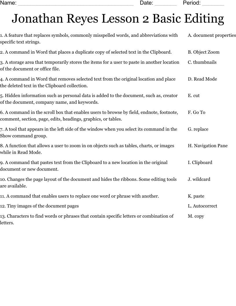 Jonathan Reyes Lesson 2 Basic Editing Worksheet WordMint