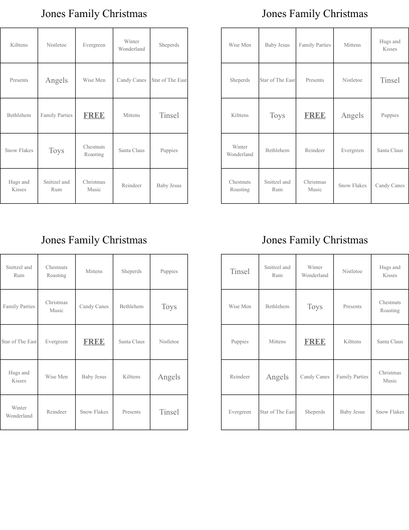 Jones Family Christmas Bingo Cards - WordMint