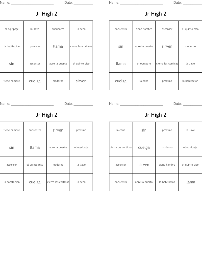 Jr High 2 Bingo Cards - WordMint