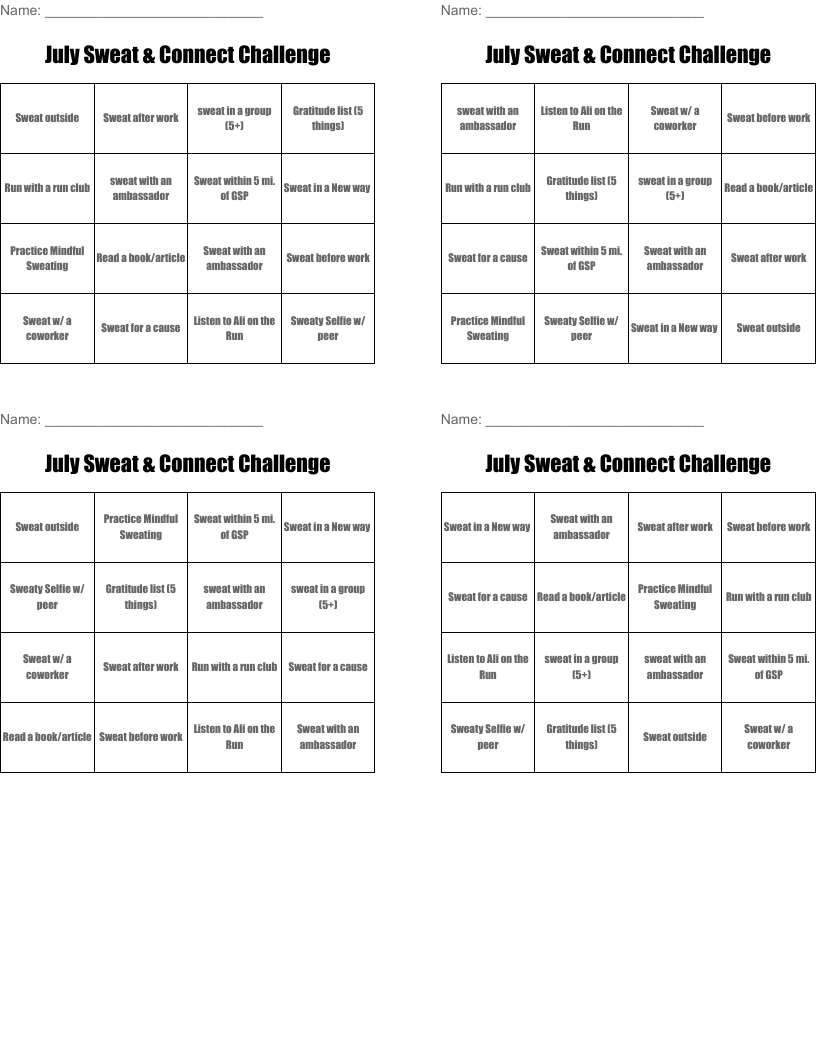 July Sweat & Connect Challenge Bingo Cards - WordMint