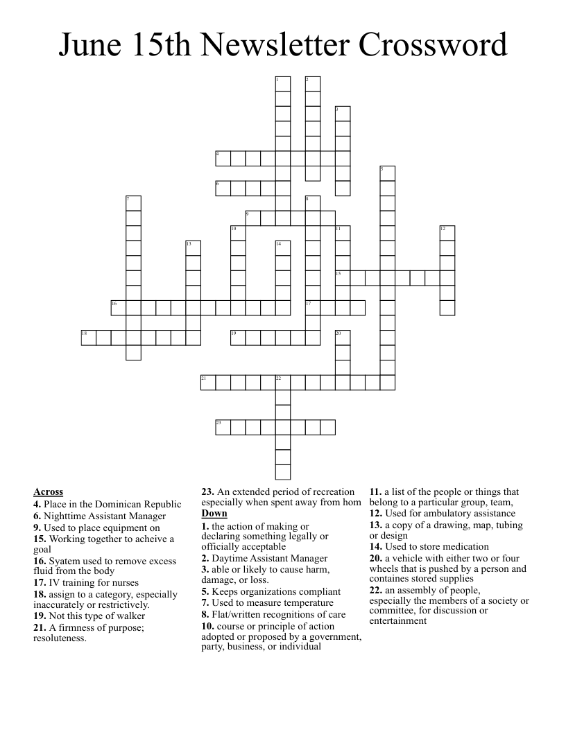 June 15th Newsletter Crossword - WordMint
