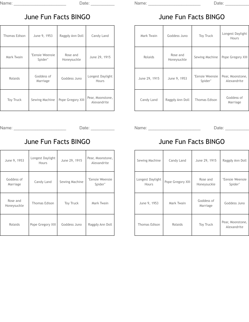 June Fun Facts BINGO - WordMint